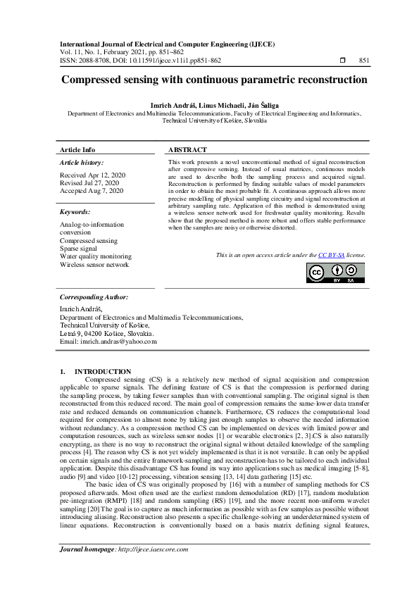 (PDF) Compressed sensing with continuous parametric reconstruction | Jan Saliga - Academia.edu
