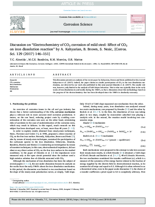 (PDF) Discussion on “Electrochemistry of CO2 corrosion of mild steel: Effect of CO2 on iron ...