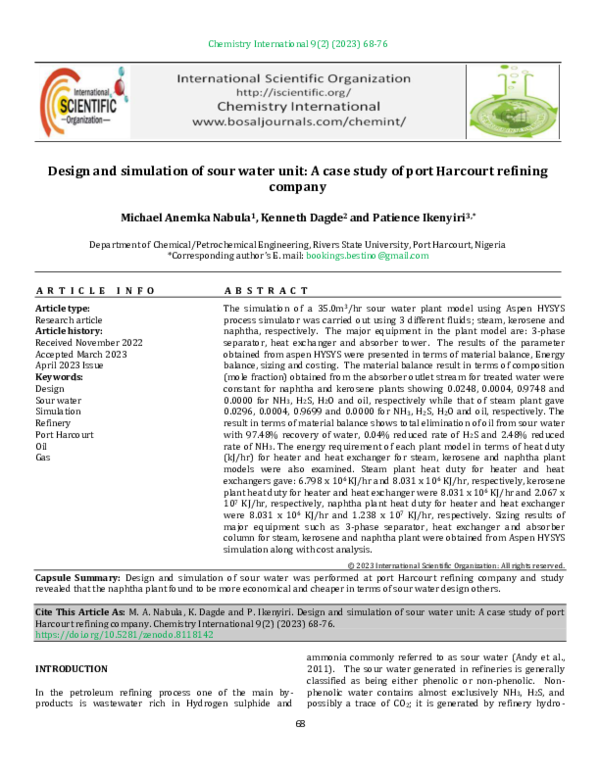 (PDF) Design and simulation of sour water unit: A case study of port ...