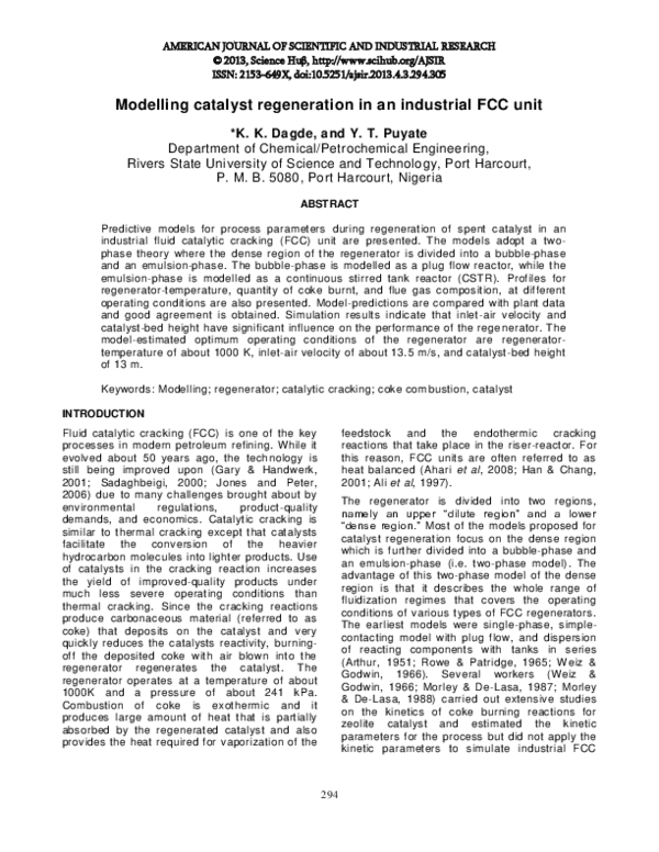 (PDF) Modelling catalyst regeneration in an industrial FCC unit