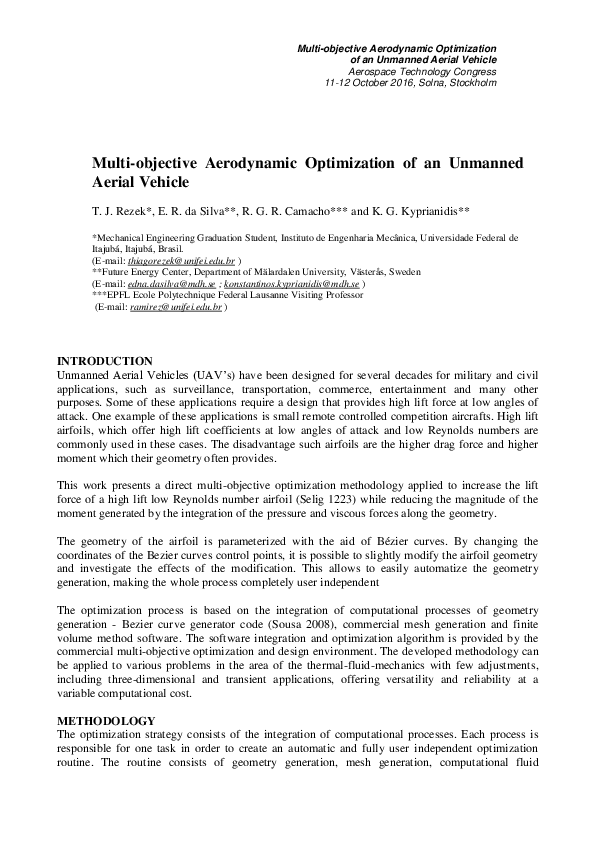 Pdf Multi Objective Aerodynamic Optimization Of An Unmanned Aerial Vehicle