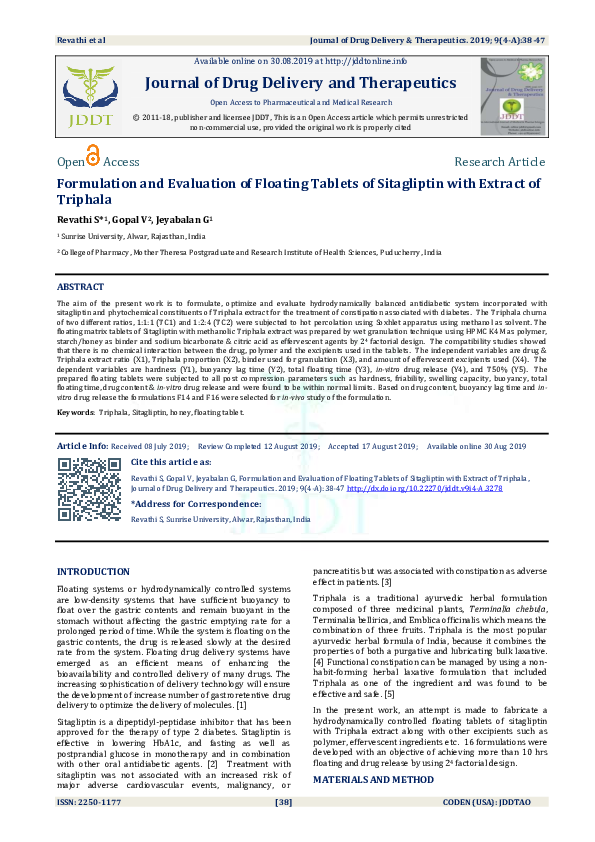 Pdf Formulation And Evaluation Of Floating Tablets Of Sitagliptin With Extract Of Triphala