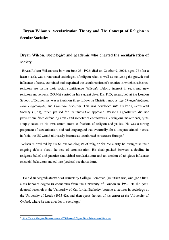 (DOC) Bryan Wilson's Secularization Theory and The Concept of Religion ...