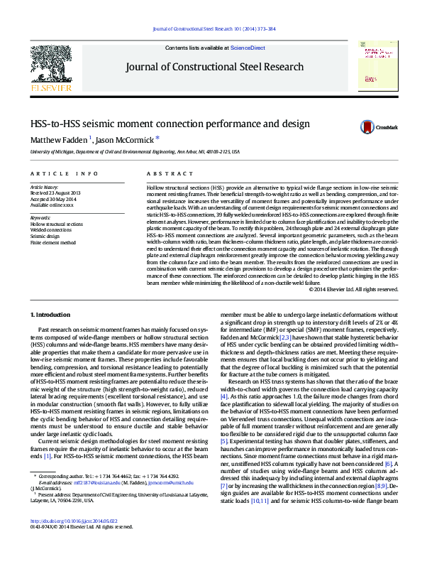 (PDF) HSS-to-HSS seismic moment connection performance and design
