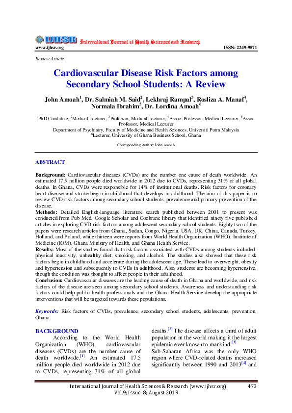 (PDF) Cardiovascular Disease Risk Factors among Secondary School Students: A Review