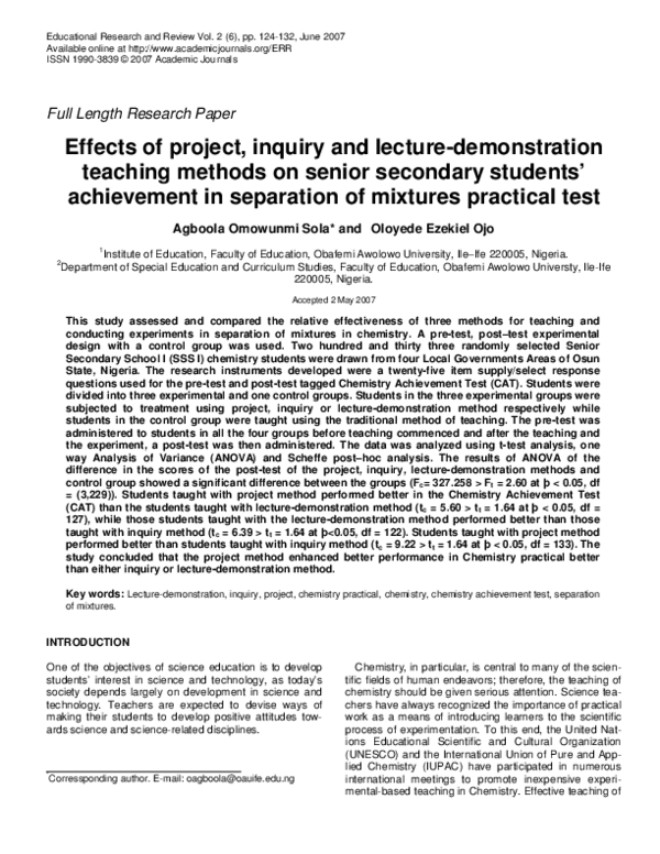 (PDF) Effects of project, inquiry and lecture- demonstration teaching ...