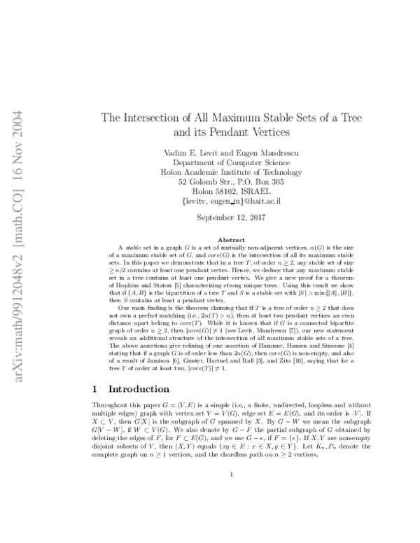 (PDF) The Intersection of All Maximum Stable Sets of a Tree and its ...