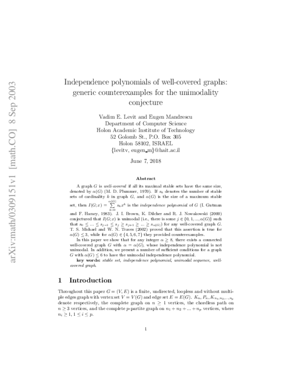 (PDF) Independence polynomials of well-covered graphs: generic counterexamples for the ...