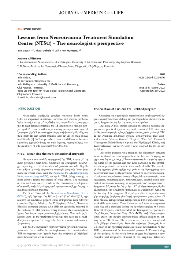(PDF) Lessons from Neurotrauma Treatment Simulation Center (NTSC) – The ...