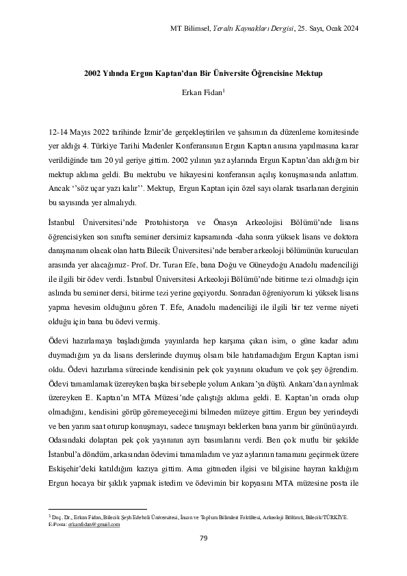 (PDF) 2024 - Fidan E. ''2002 Yılında Ergun Kaptan'dan Bir Üniversite Öğrencisine Mektup'', MT ...