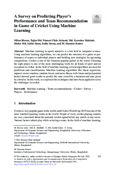 (PDF) A Survey on Predicting Player's Performance and Team Recommendation in Game of Cricket ...