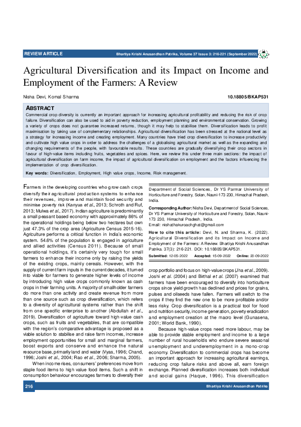 (PDF) Agricultural Diversification and its Impact on Income and ...