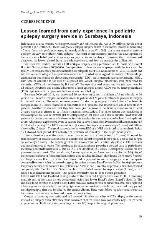 (PDF) Key Insights from Early Pediatric Epilepsy Surgery Programs