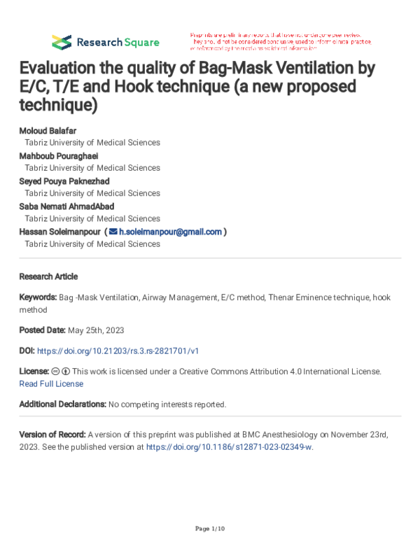 (PDF) Evaluation the quality of Bag-Mask Ventilation by E/C, T/E and ...