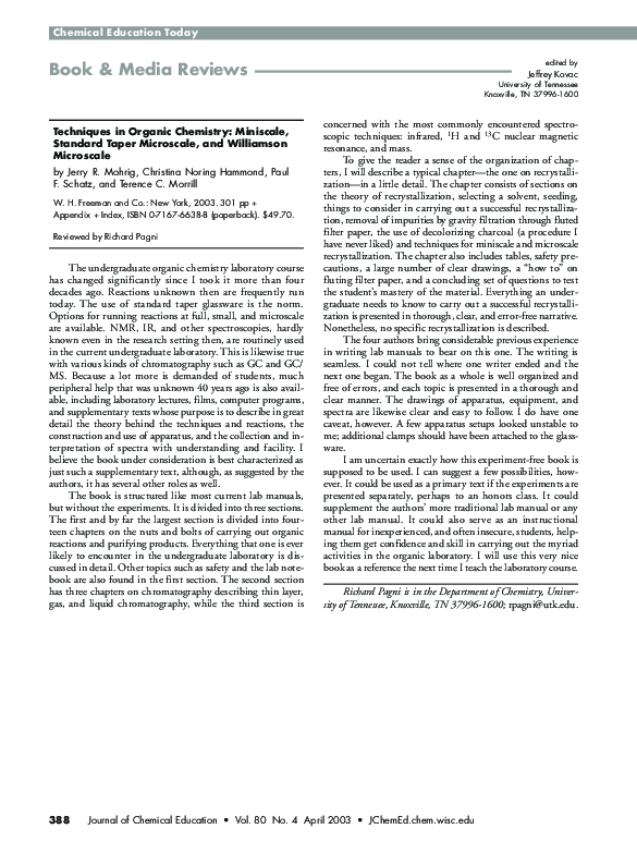 (PDF) Techniques in Organic Chemistry: Miniscale, Standard Taper ...