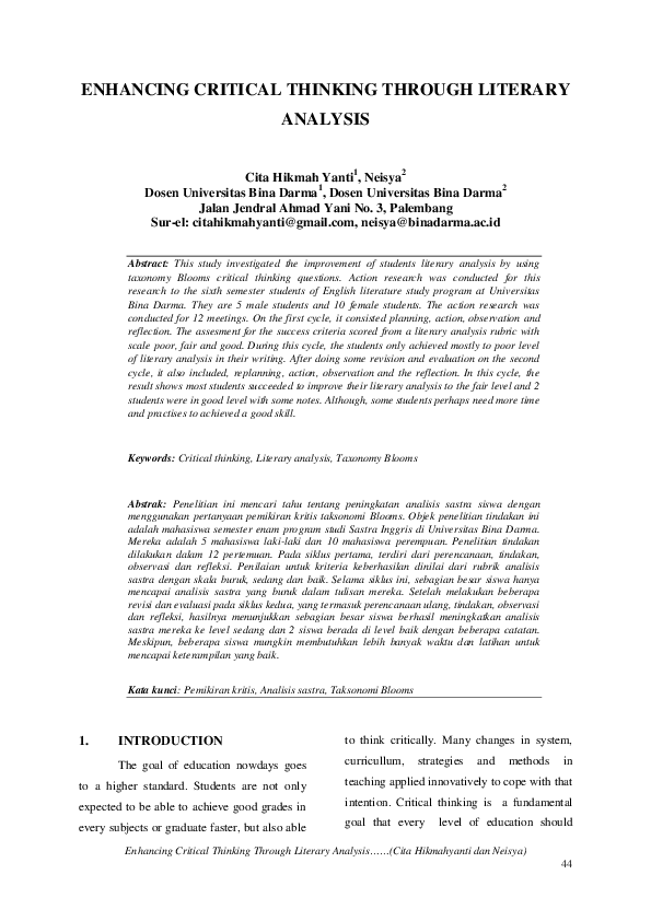(PDF) Enhancing Critical Thinking Through Literary Analysis