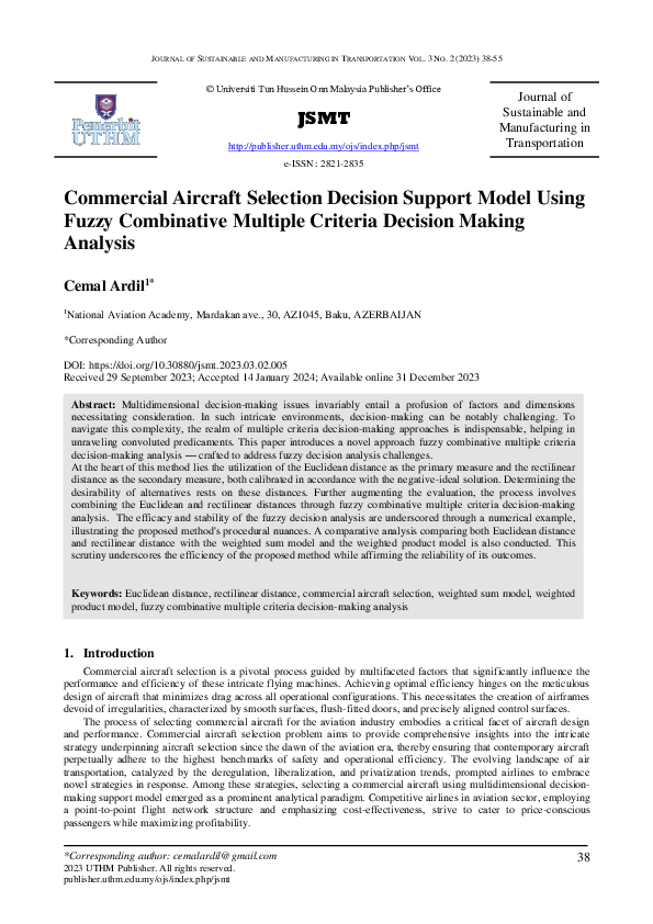 (PDF) Commercial Aircraft Selection Decision Support Model Using Fuzzy Combinative Multiple ...
