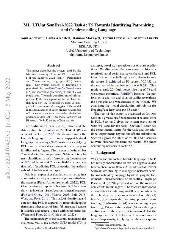 (PDF) ML_LTU at SemEval-2022 Task 4: T5 Towards Identifying Patronizing ...