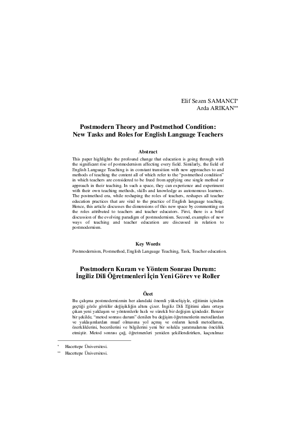 (PDF) Postmodern theory and postmethod condition: New tasks and roles ...