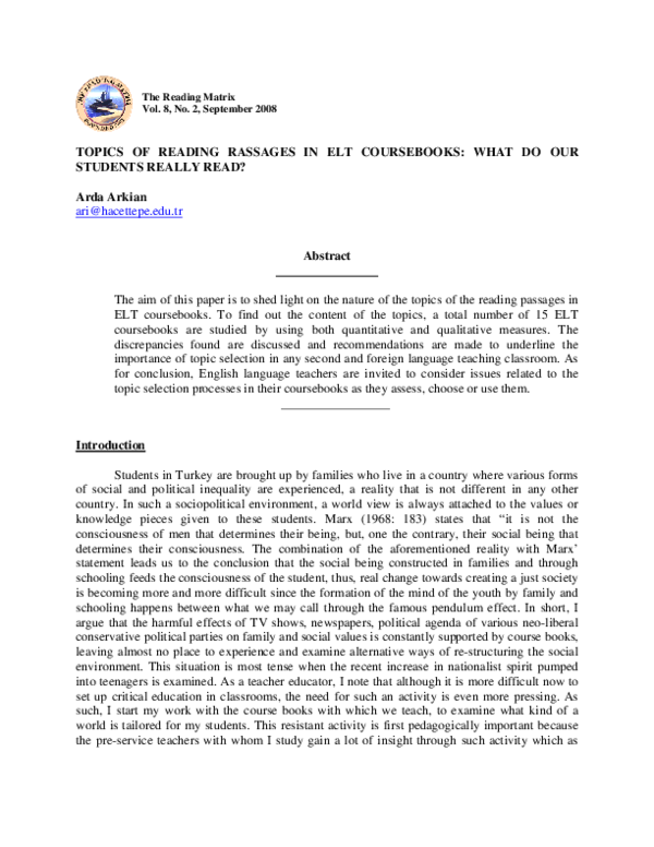 (PDF) Topics of Reading Passages in ELT Coursebooks: What Do Our ...