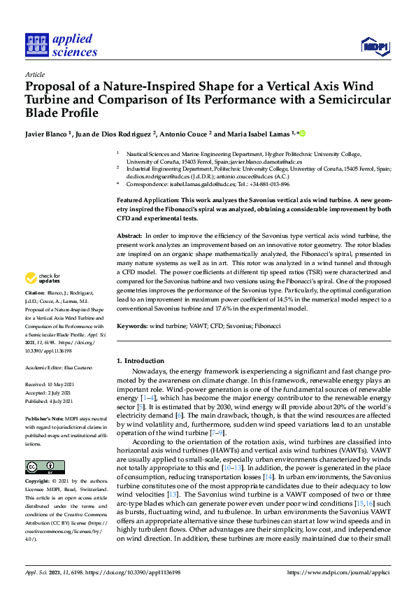 (PDF) Proposal of a Nature-Inspired Shape for a Vertical Axis Wind Turbine and Comparison of Its ...