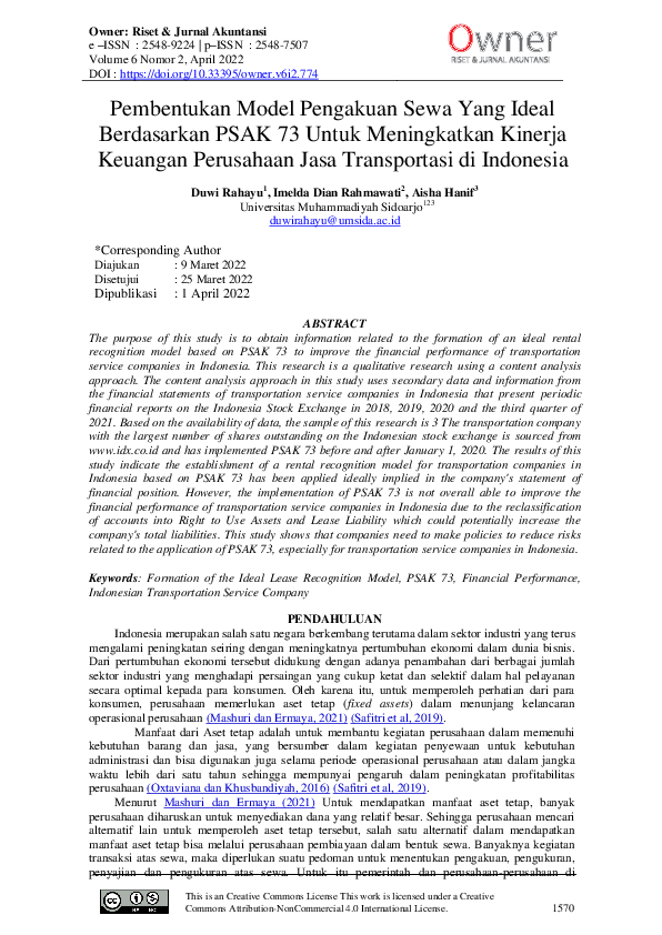 (PDF) Pembentukan Model Pengakuan Sewa Yang Ideal Berdasarkan PSAK 73 ...