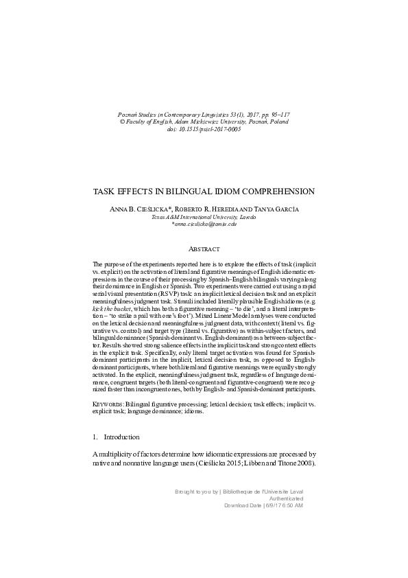 (PDF) Task effects in bilingual idiom comprehension