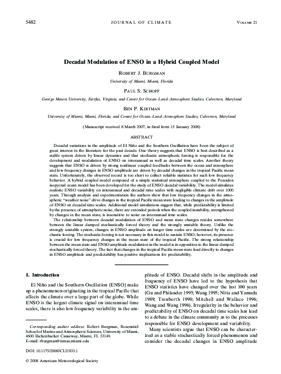 (PDF) Decadal Modulation of ENSO in a Hybrid Coupled Model