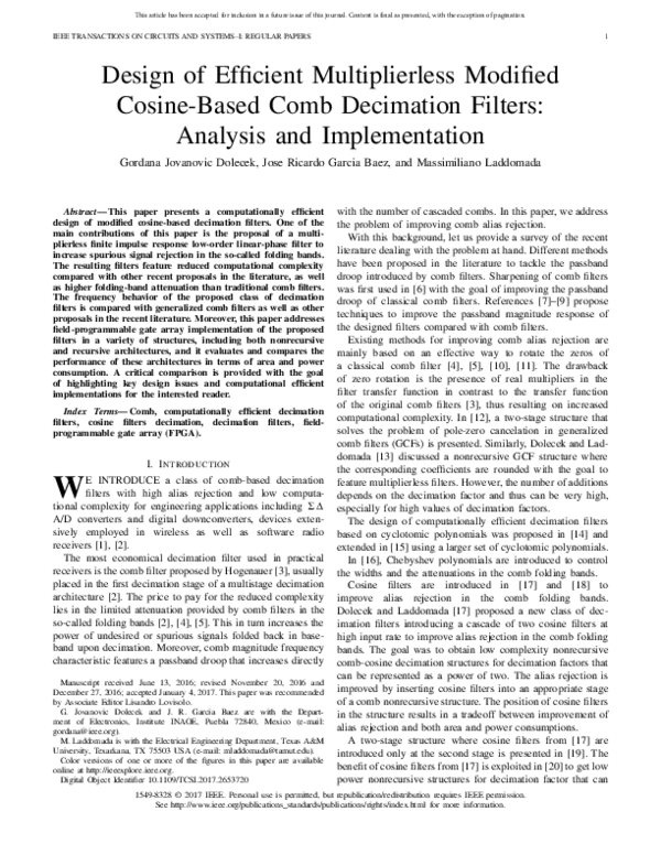 Pdf Design Of Efficient Multiplierless Modified Cosine Based Comb Decimation Filters Analysis