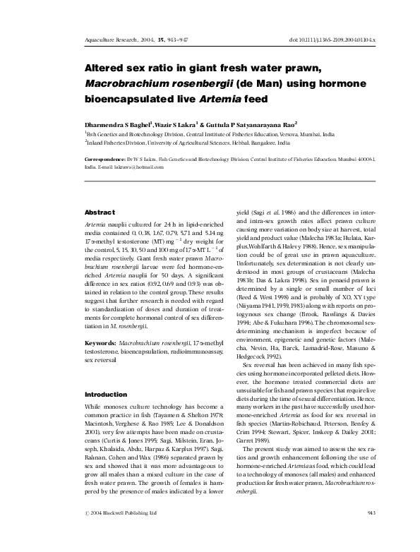 (PDF) Altered sex ratio in giant fresh water prawn, Macrobrachium ...