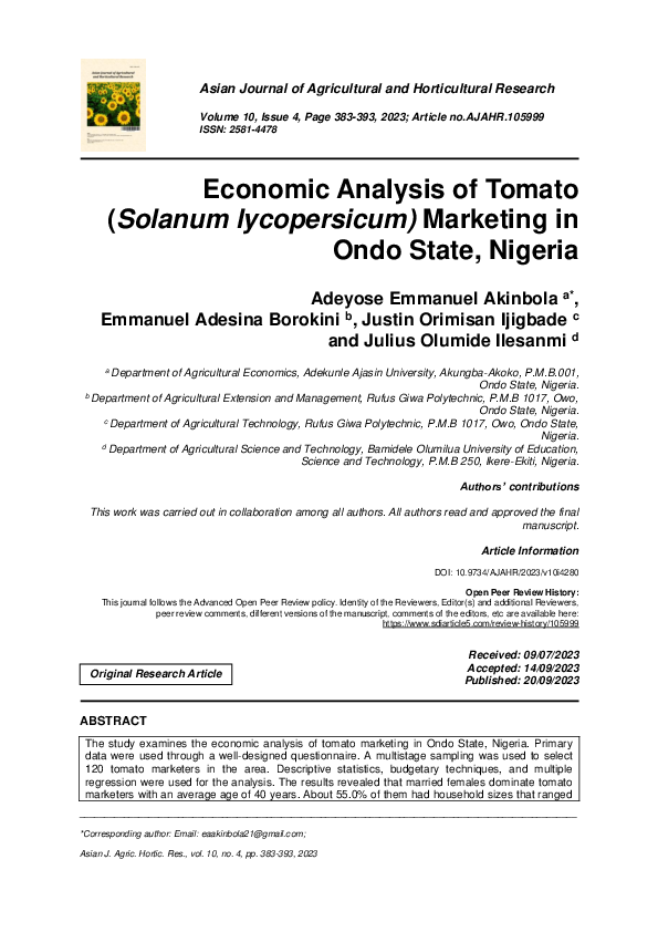 (PDF) Economic Analysis of Tomato (Solanum lycopersicum) Marketing in Ondo State, Nigeria