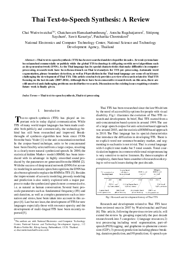 (PDF) Thai Text-to-Speech Synthesis: A Review
