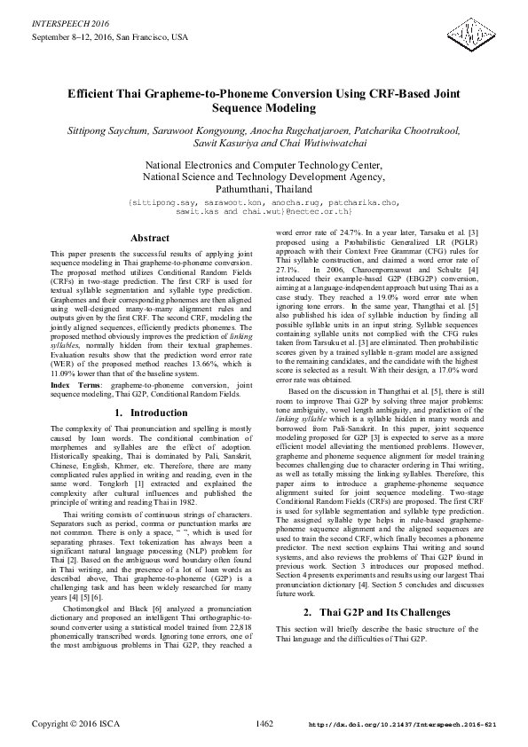 (PDF) Efficient Thai Grapheme-to-Phoneme Conversion Using CRF-Based Joint Sequence Modeling