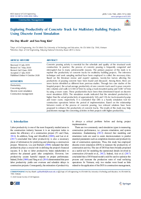 (PDF) Exploring Productivity of Concrete Truck for Multistory Building Projects Using Discrete ...