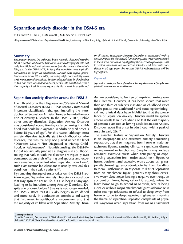 (PDF) Separation anxiety disorder in the DSM-5 era