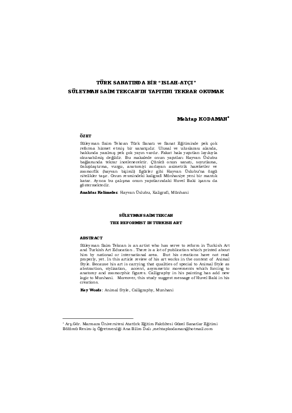 (PDF) Süleyman Saim Tekcan The Reformist In Turkish Art
