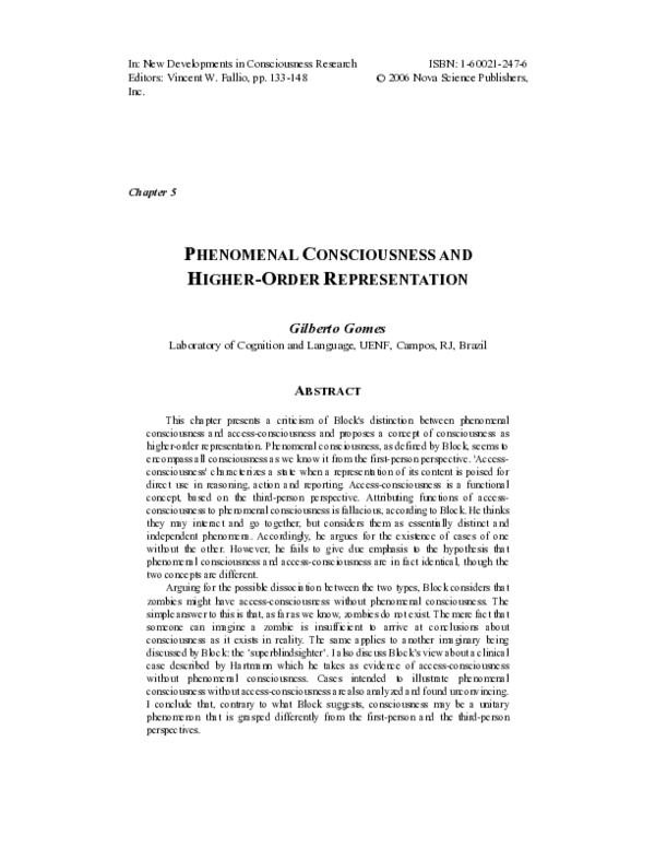 (PDF) PHENOMENAL CONSCIOUSNESS AND HIGHER-ORDER REPRESENTATION