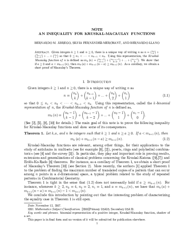 (PDF) Note an Inequality for Kruskal-Macaulay Functions