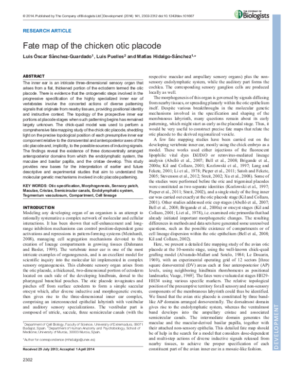 (PDF) Fate map of the chicken otic placode | Matias Hidalgo-Sánchez ...