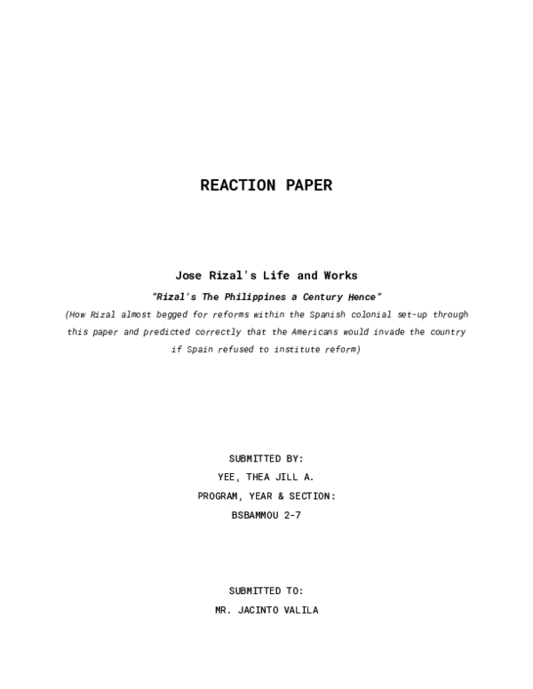 (PDF) GEED 037 - Jose Rizal's Life and Works (Reaction Paper on Rizal’s ...