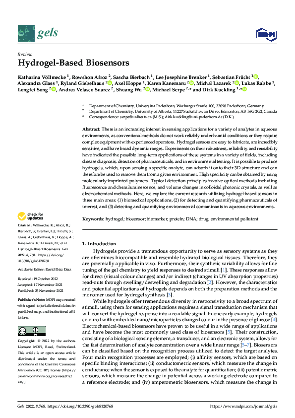 (PDF) Hydrogel-Based Biosensors