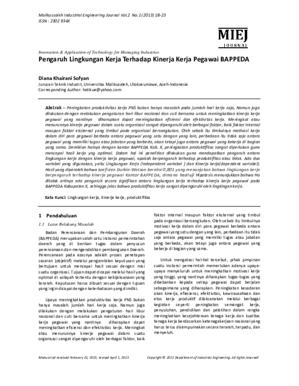 (PDF) Pengaruh Lingkungan Kerja Terhadap Kinerja Kerja Pegawai BAPPEDA | suyanti Yanti ...