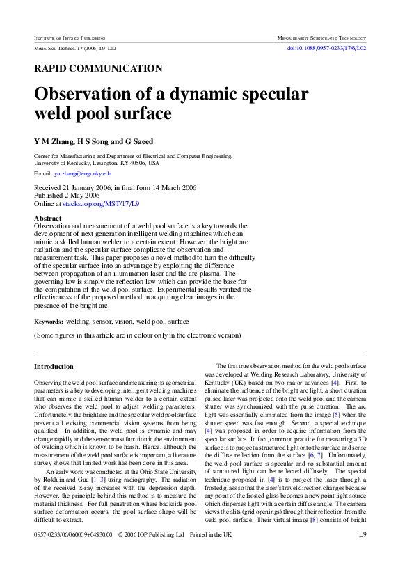 (PDF) Observation of a dynamic specular weld pool surface