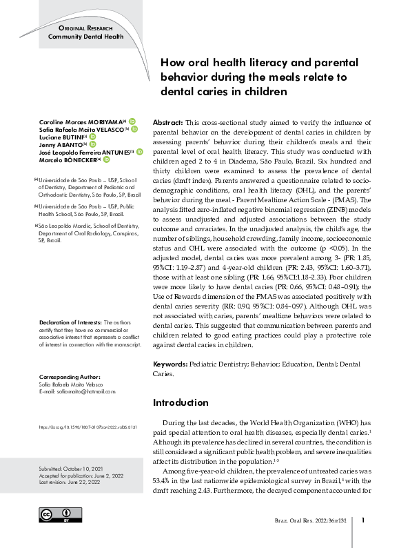 (PDF) How oral health literacy and parental behavior during the meals relate to dental caries in ...