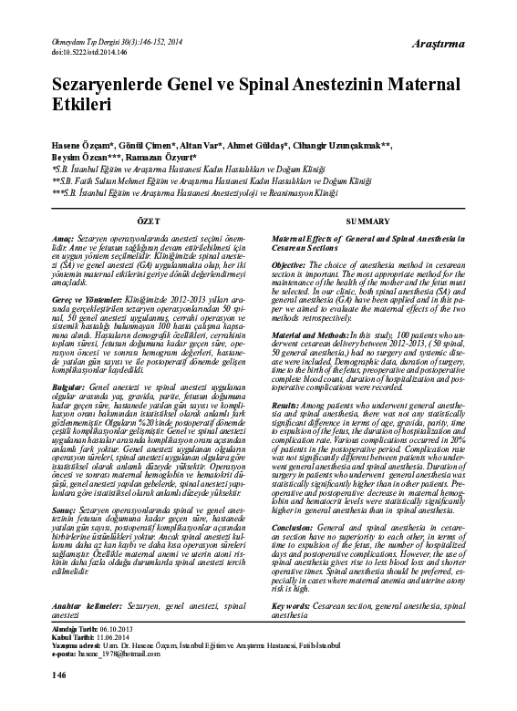 (PDF) Sezaryenlerde Genel ve Spinal Anestezinin Maternal Etkileri