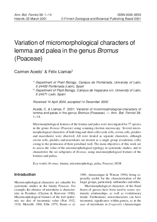 (PDF) Variation of micromorphological characters of lemma and palea in ...