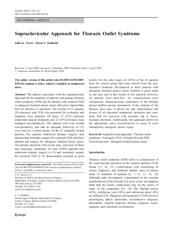 (PDF) Supraclavicular Approach for Thoracic Outlet Syndrome