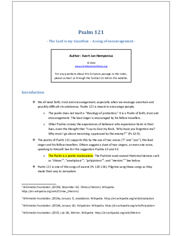 (PDF) Exegetical Study Psalm 121 A song of encourgament faith and trust