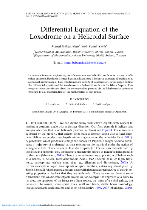 (PDF) Differential Equation of the Loxodrome on a Helicoidal Surface