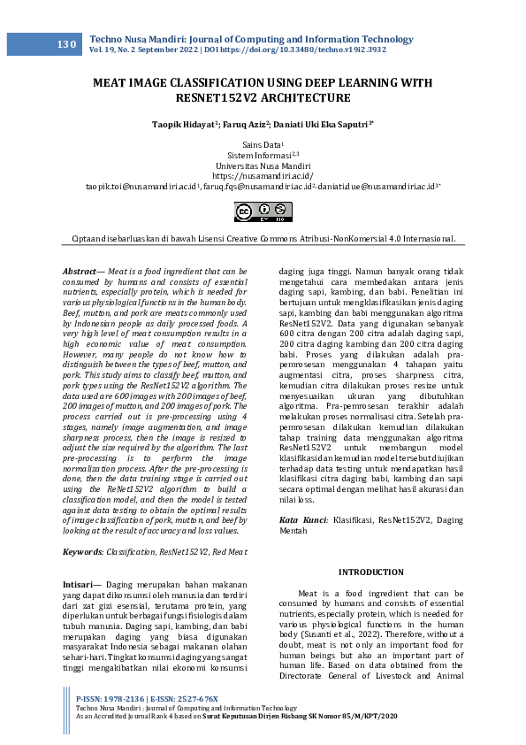 (PDF) Meat Image Classification Using Deep Learning with RESNET152V2 Architecture